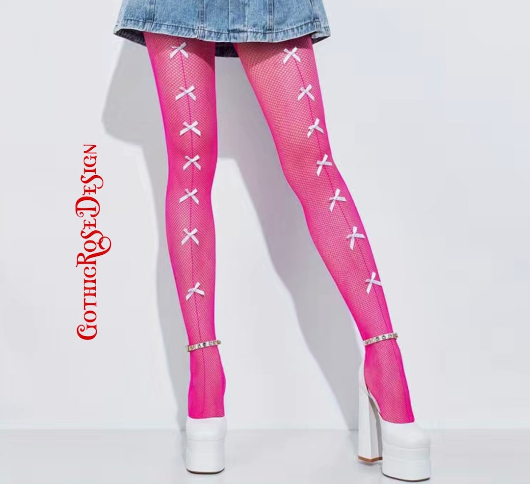 Pink Seamed Fishnet Tights Edgy Pantyhose With Bow Design Emo Micro ...