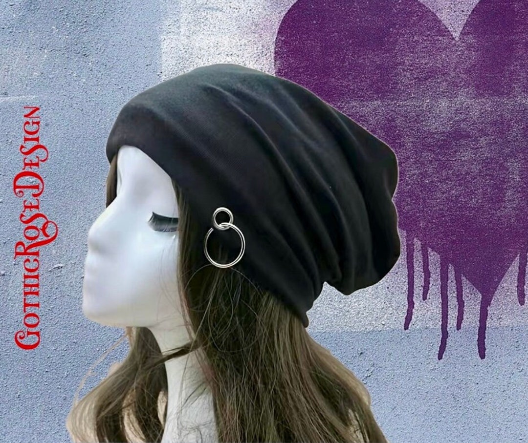 Black Slouchy Beanie Emo Punk Goth Warm Hat Design Unique Silver Ring ...