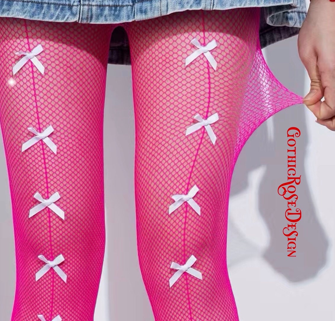 Pink Seamed Fishnet Tights Edgy Pantyhose With Bow Design Emo Micro ...