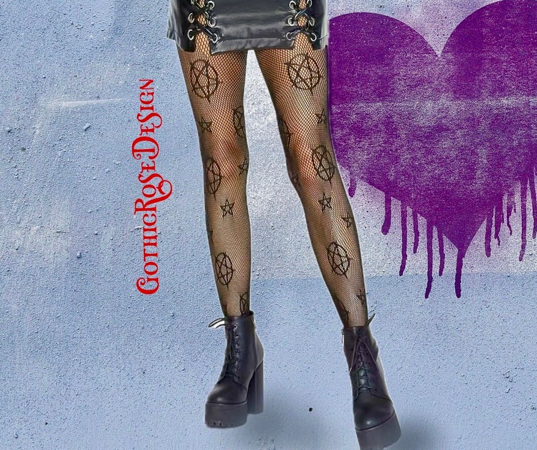 Black Fishnet Tights Pentagram Pattern Hosiery Edgy Gothic Hosiery ...