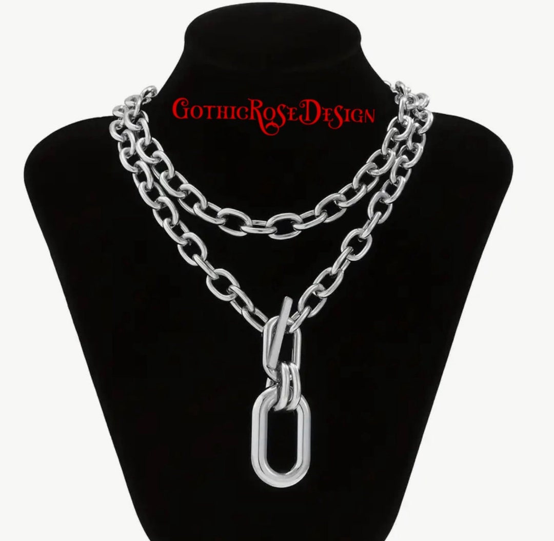 Punk Silver Thick Neck Chains Edgy Goth Multi Layer Necklaces Emo Metal ...