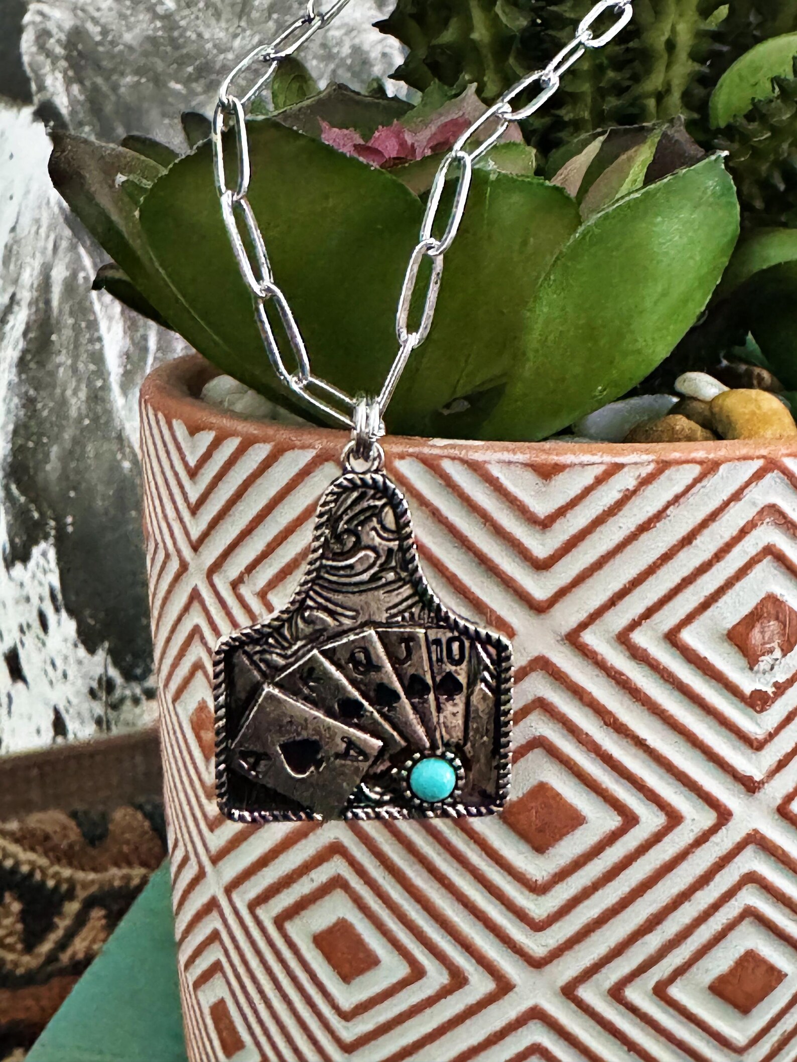 Cards & Turquoise Cattle Tag Necklace - Etsy