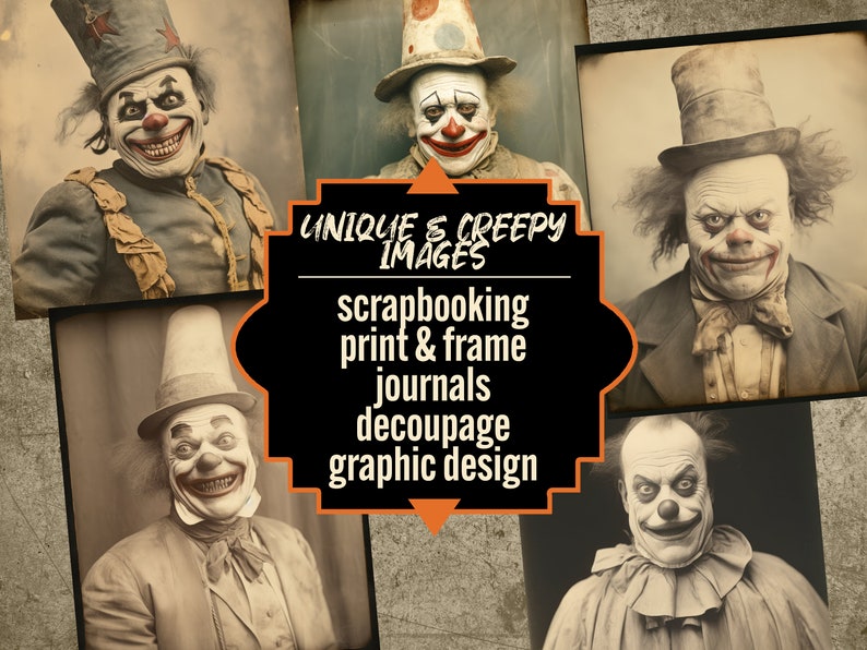 Creepy Clown Pages Bundle, Vintage Style Clip Art Scrapbook, Junk ...