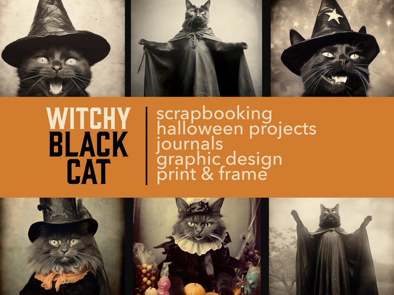 Black Cat Familiar Printable Bundle, Witchy Halloween Wall Art, Dark ...