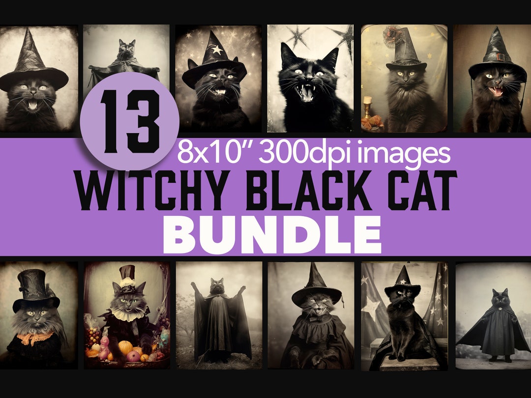 Black Cat Familiar Printable Bundle, Witchy Halloween Wall Art, Dark ...
