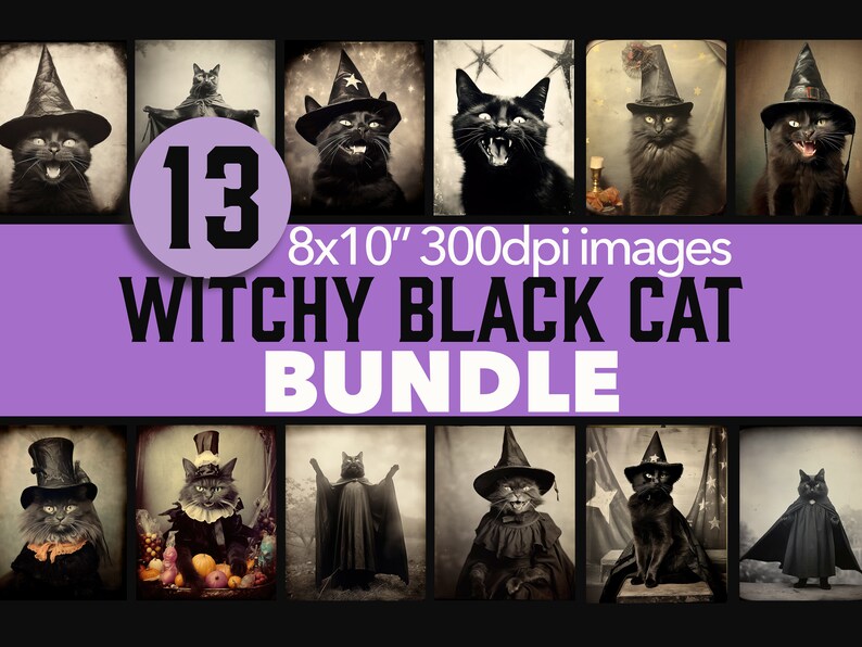 Black Cat Familiar Printable Bundle, Witchy Halloween Wall Art, Dark ...