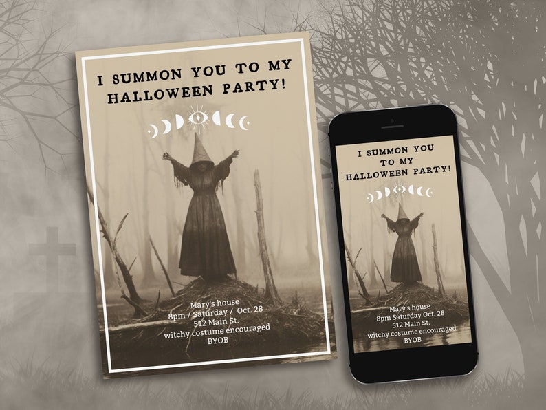 Editable Invitation Template for Canva, Vintage Style Witch Birthday ...