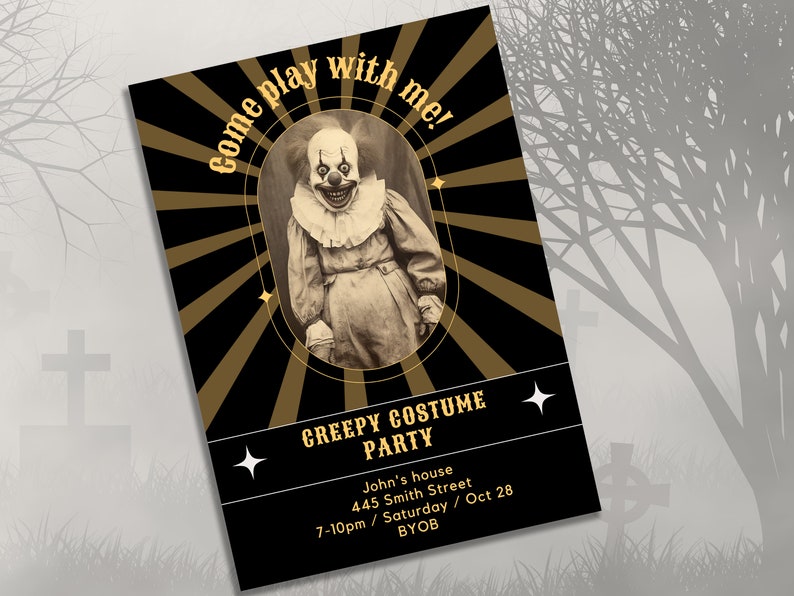 Editable Invite Canva Template of a Scary Creepy Clown for Halloween or ...