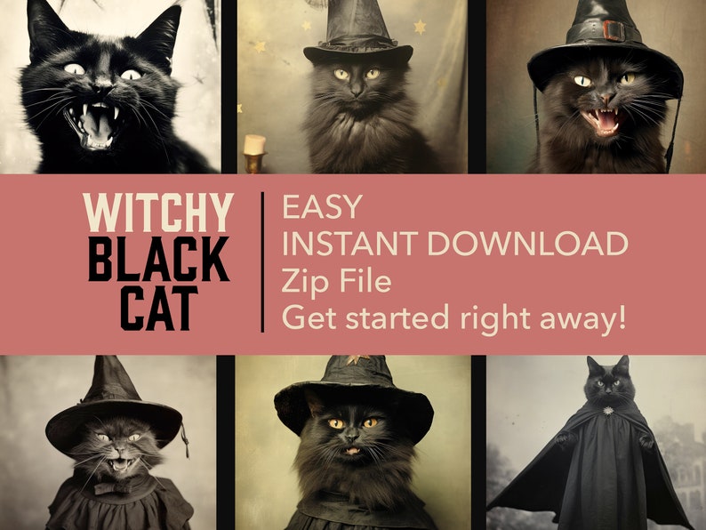 Black Cat Familiar Printable Bundle, Witchy Halloween Wall Art, Dark ...