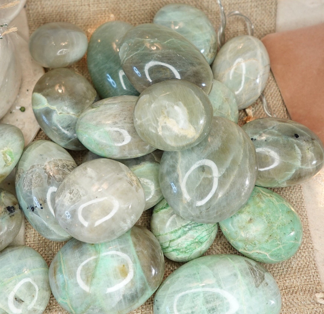 Green Moonstone Natural Full Sized Palm Stone Smooth Polished Carved ...