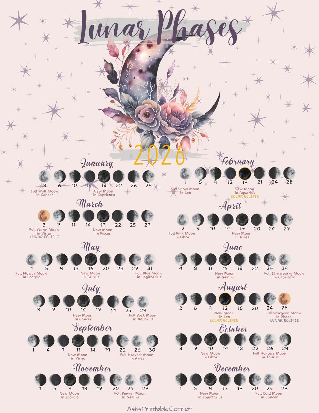 2026 Moon Phase Calendar, Letter Size (printable PDF) Pink - Etsy