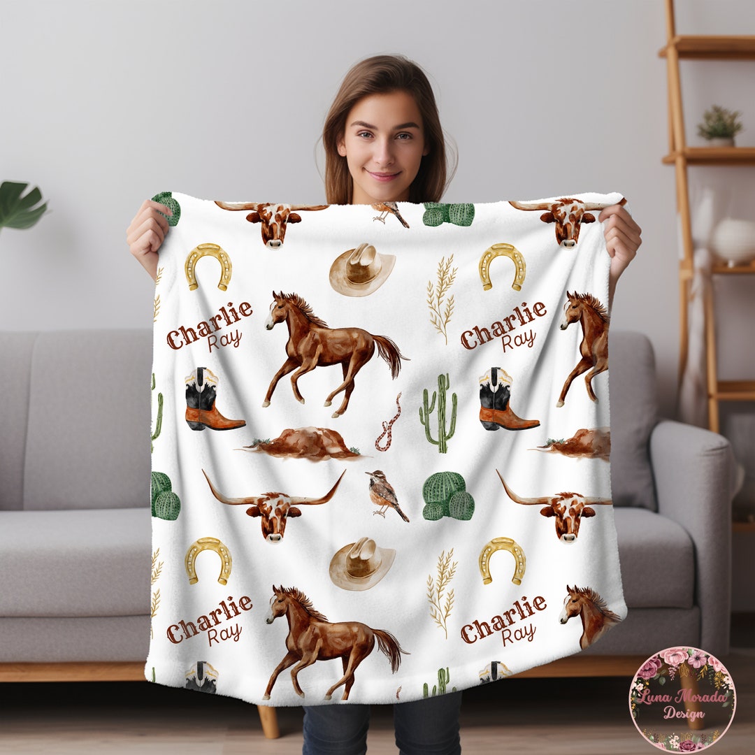 Custom Name Western Cowboy Plush Throw Blanket | Baby Shower Gift ...