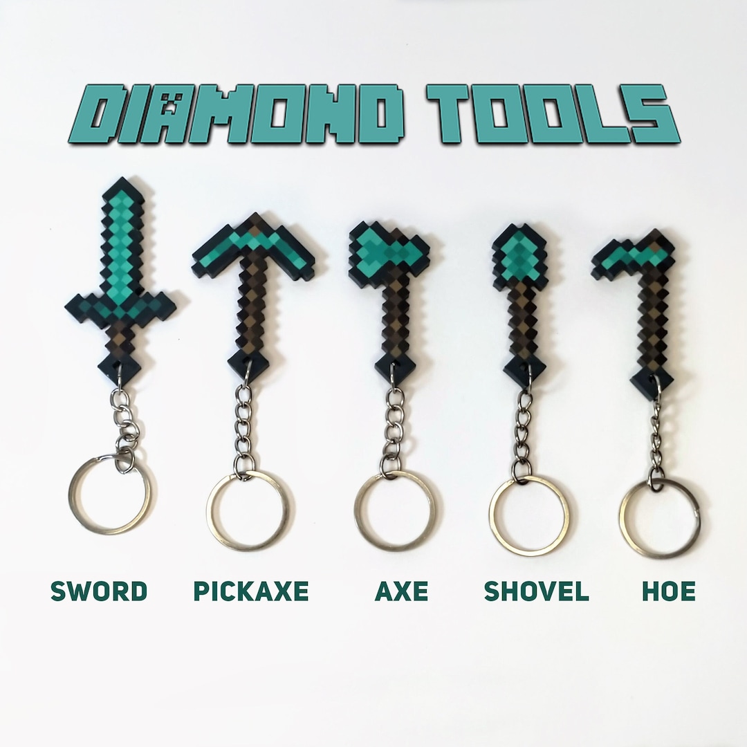 Diamond Tool Keychains Minecraft | Sword, Pickaxe, Axe, Shovel, Hoe ...