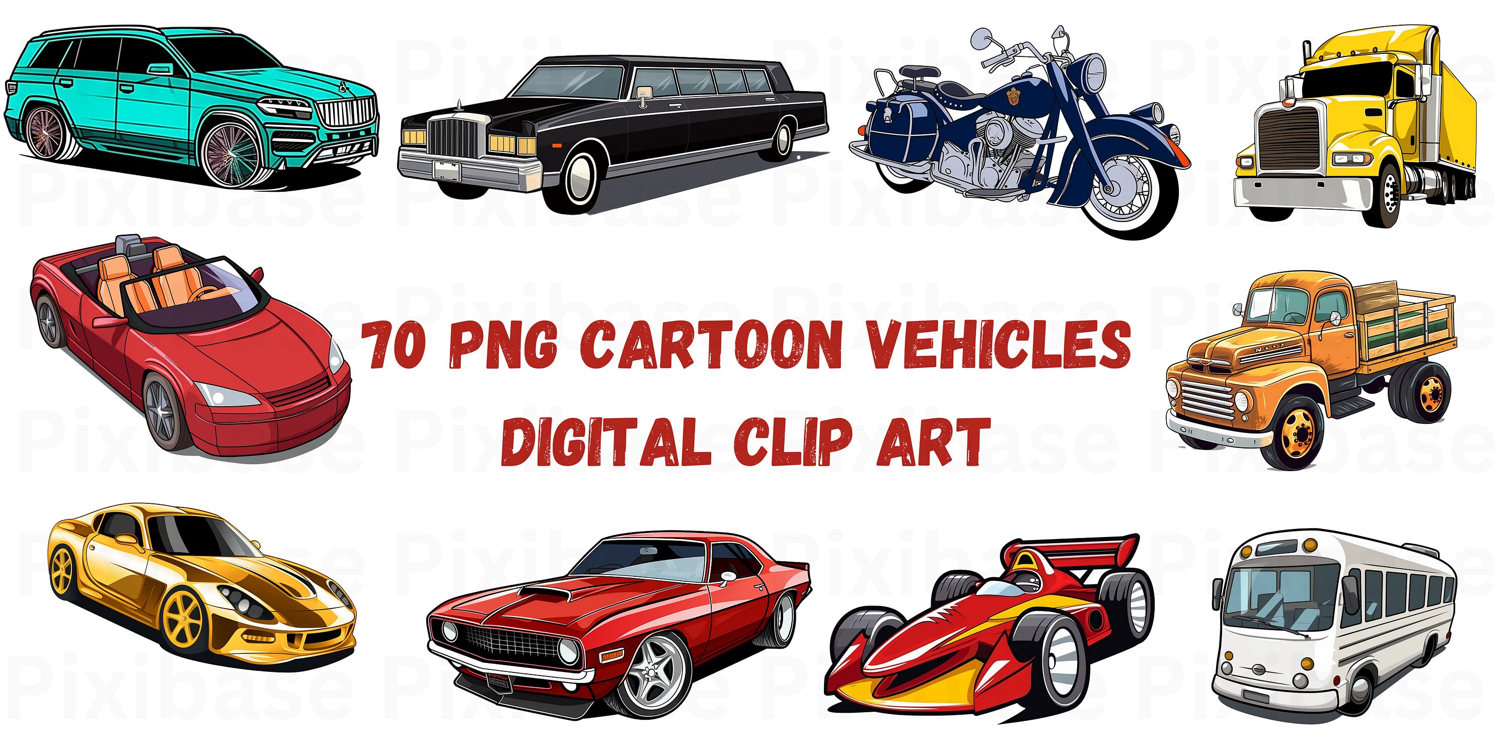Cartoon Vehicle Digital Clipart Bundle Cars, Buses, Trucks & More 70 ...
