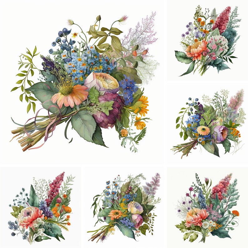 Water Color Summer Flower Bouquet Clip Art Collection 1 PNG Images for ...