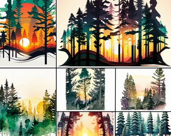 Sunrise & Sunset Pine Tree Forest Clip Art PNG Instant Download for ...