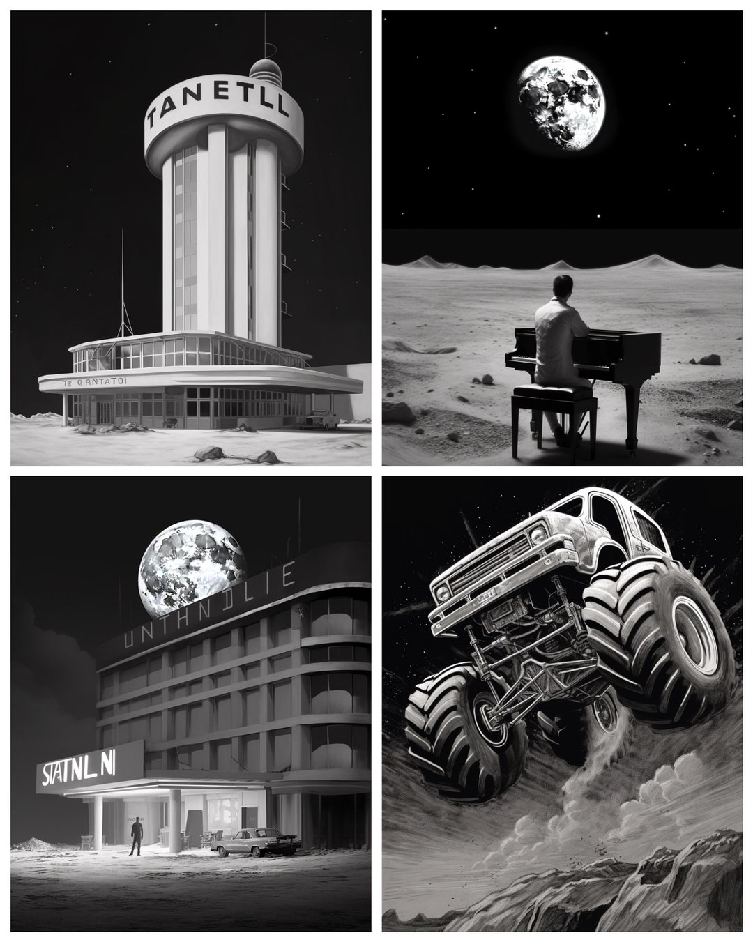 Tranquility Base, Pack of 4, Piano in Space, the Moon, Black and White ...