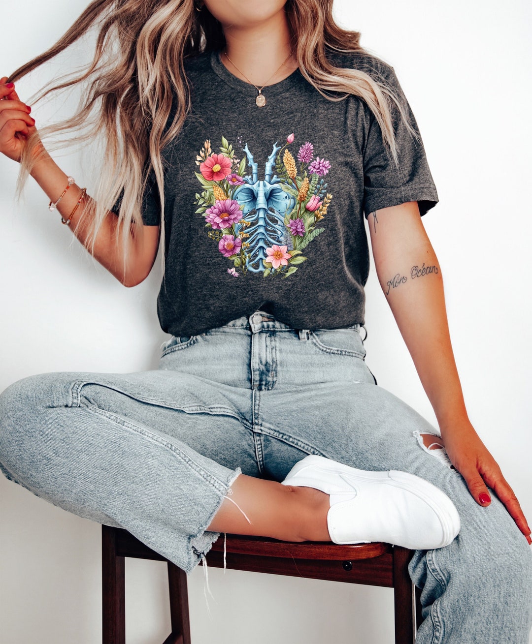 Anatomy Torso Floral T-shirt, Flower Ribs Tank Top, Skeleton Shirt ...