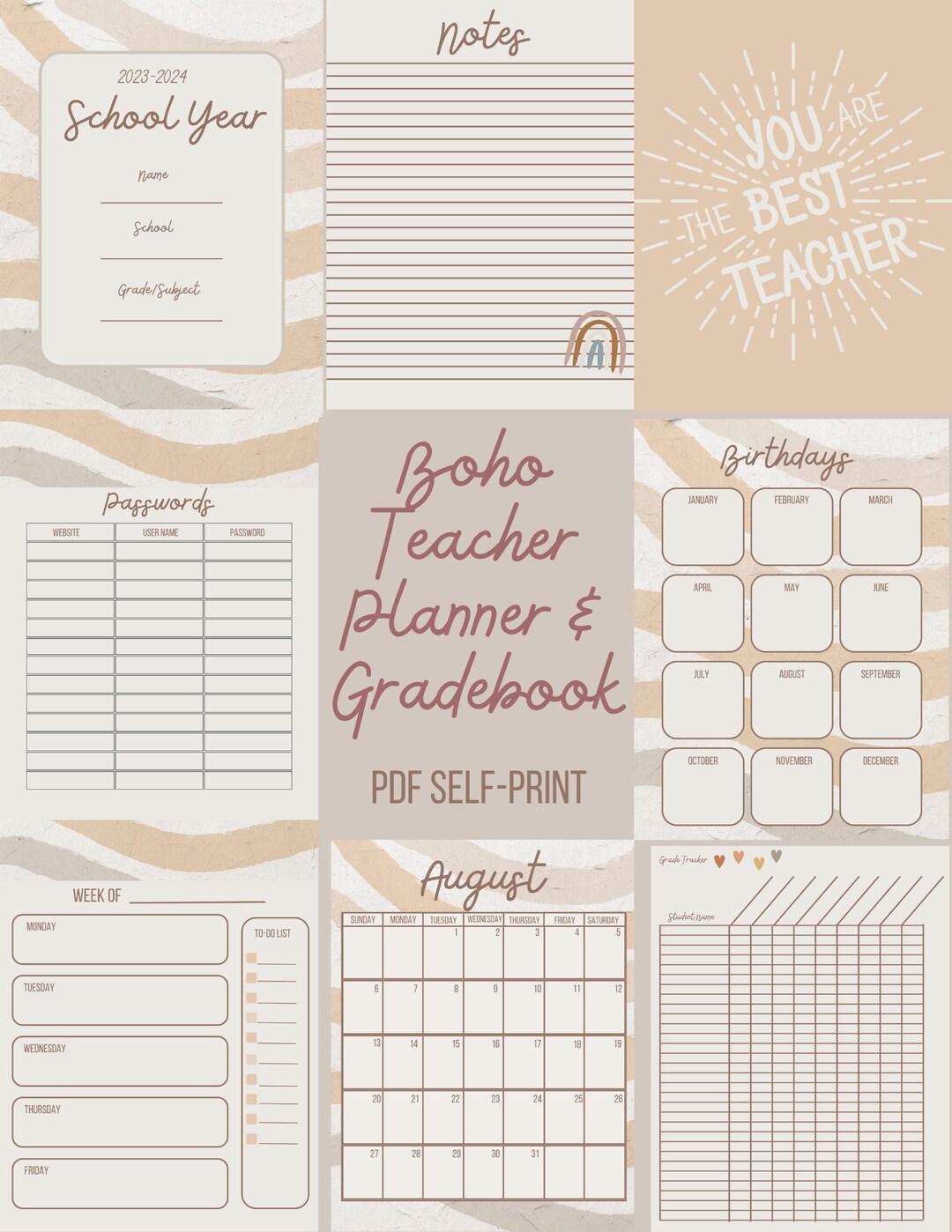 Boho Stripe Teacher Planner & Gradebook (PDF Self-print) - Etsy