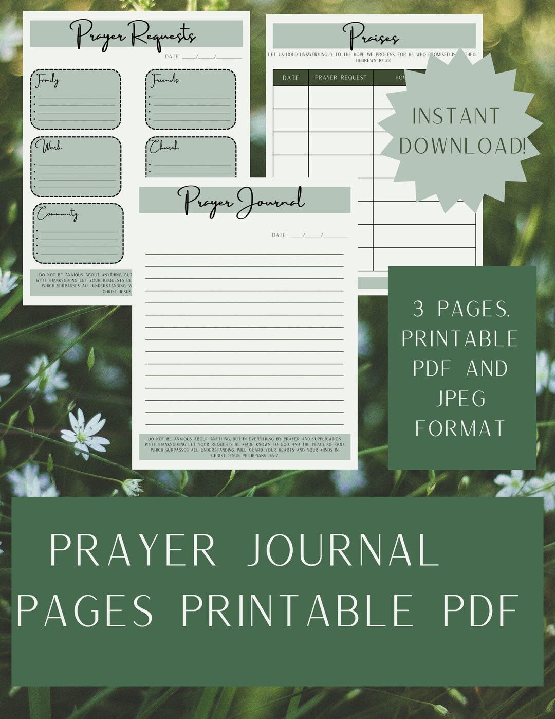 Printable Prayer Journal Pages, Instant Download, Minimalist, Green ...