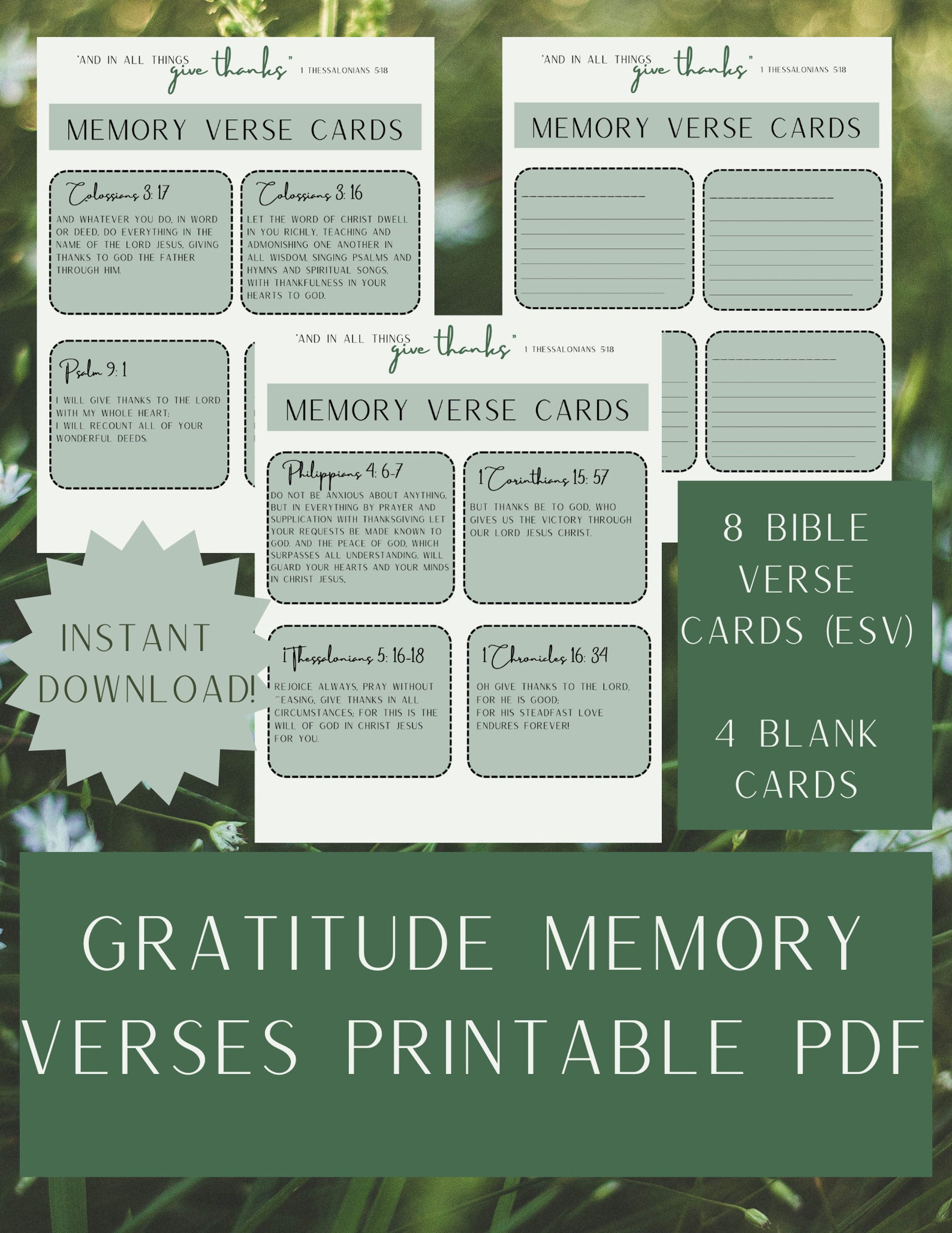 Gratitude Bible Verse Cards-printable PDF Minimalist, Green, Simple ...
