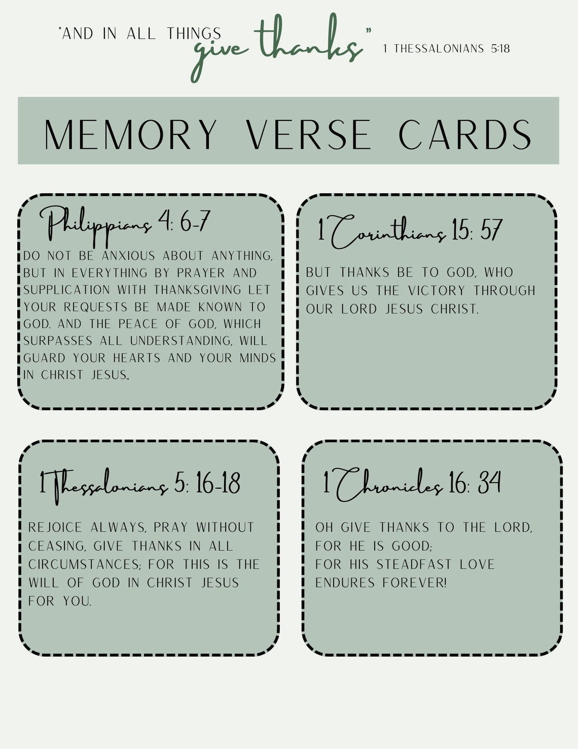 Gratitude Bible Verse Cards-printable PDF Minimalist, Green, Simple ...