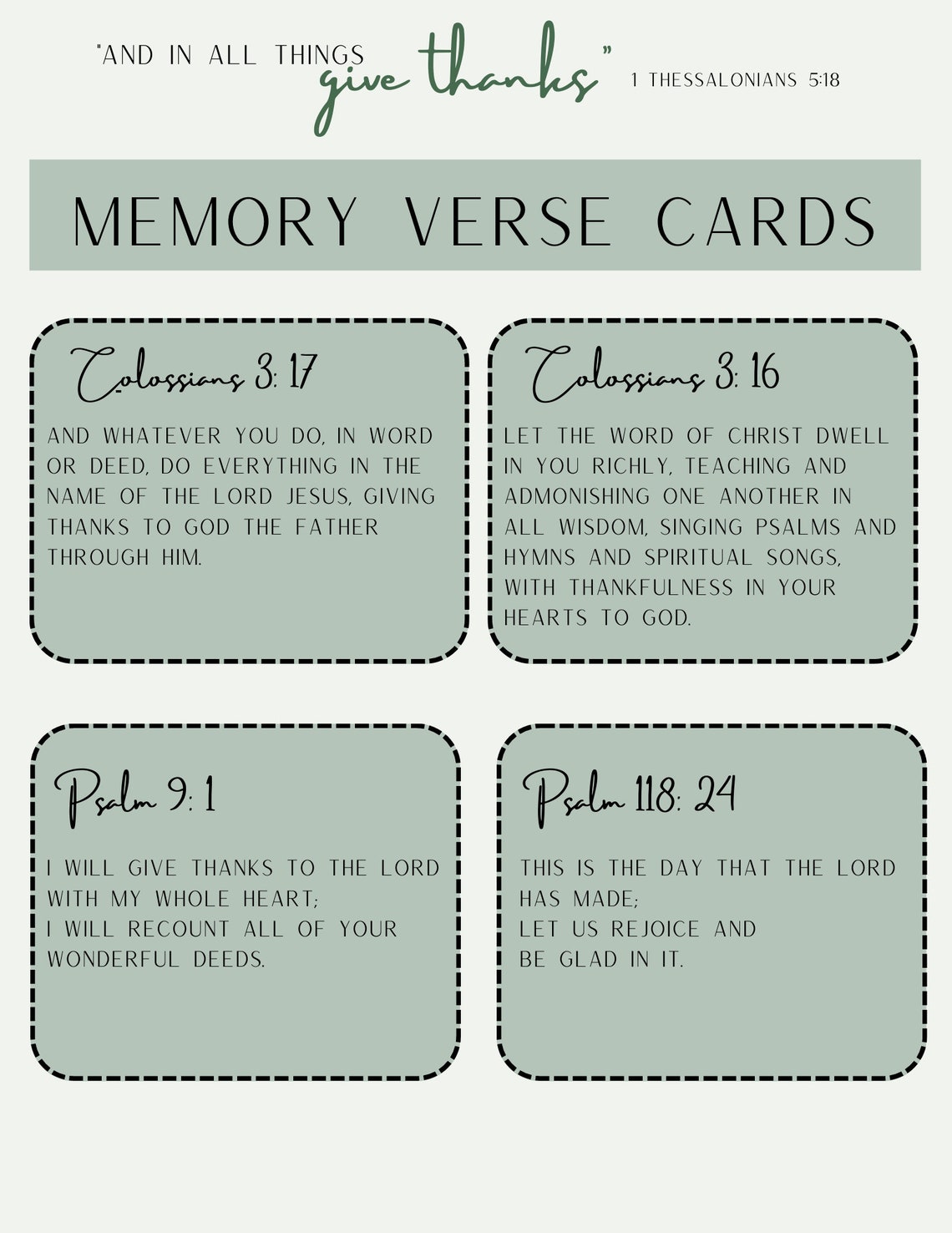 Gratitude Bible Verse Cards-printable PDF Minimalist, Green, Simple ...