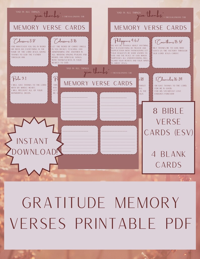 Gratitude Bible Verse Cards-printable PDF Minimalist, Pretty in Pink ...