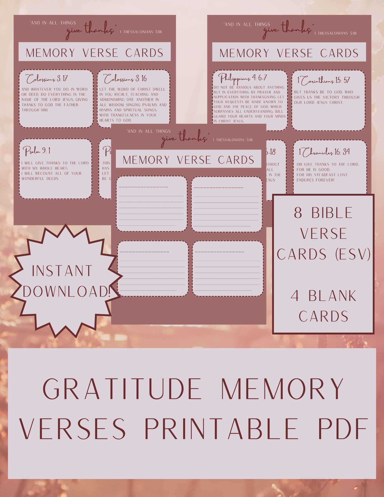 Gratitude Bible Verse Cards-printable PDF Minimalist, Pretty in Pink ...