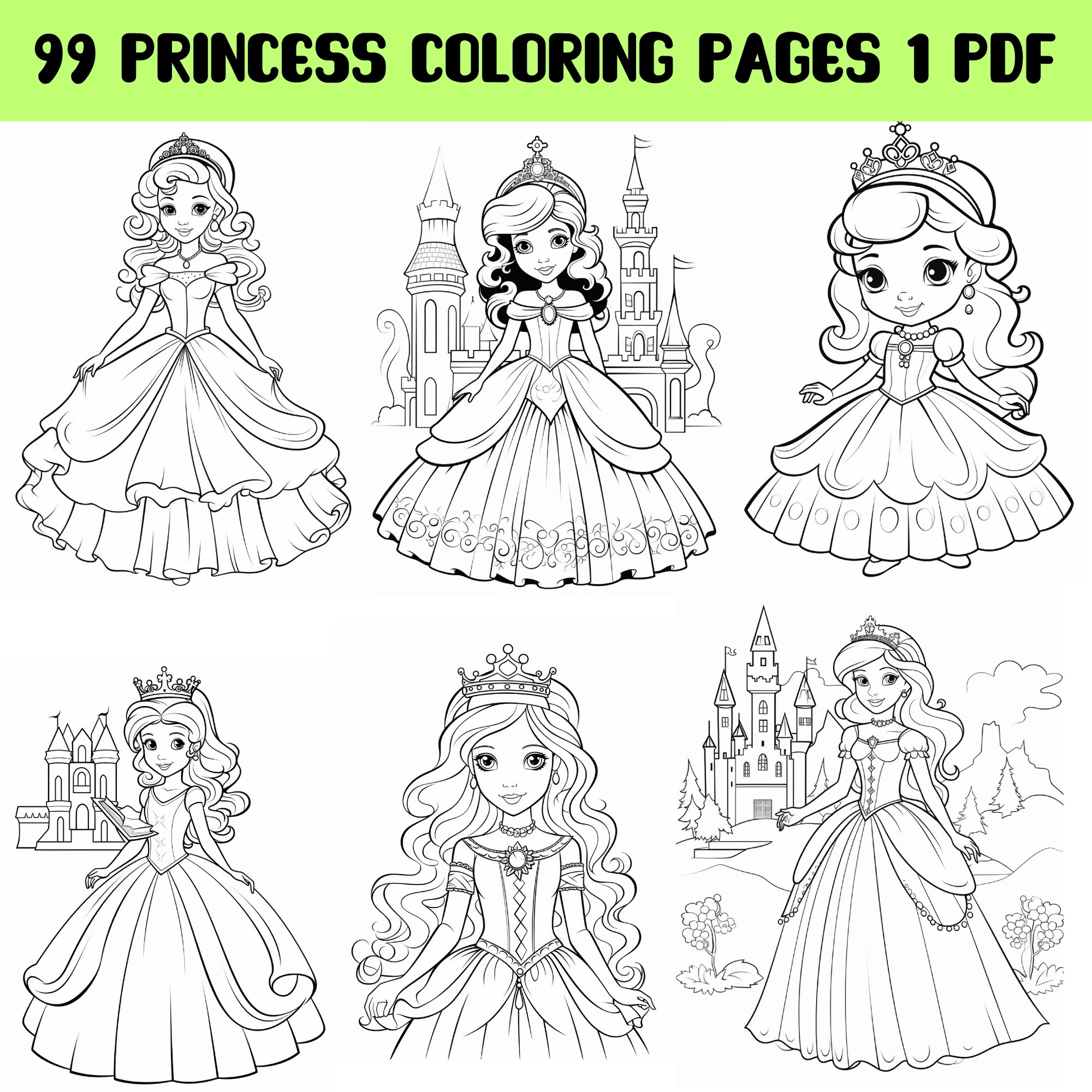 Princess Coloring Sheets PDF, 99 Coloring Pages, Kids Creative Activity ...