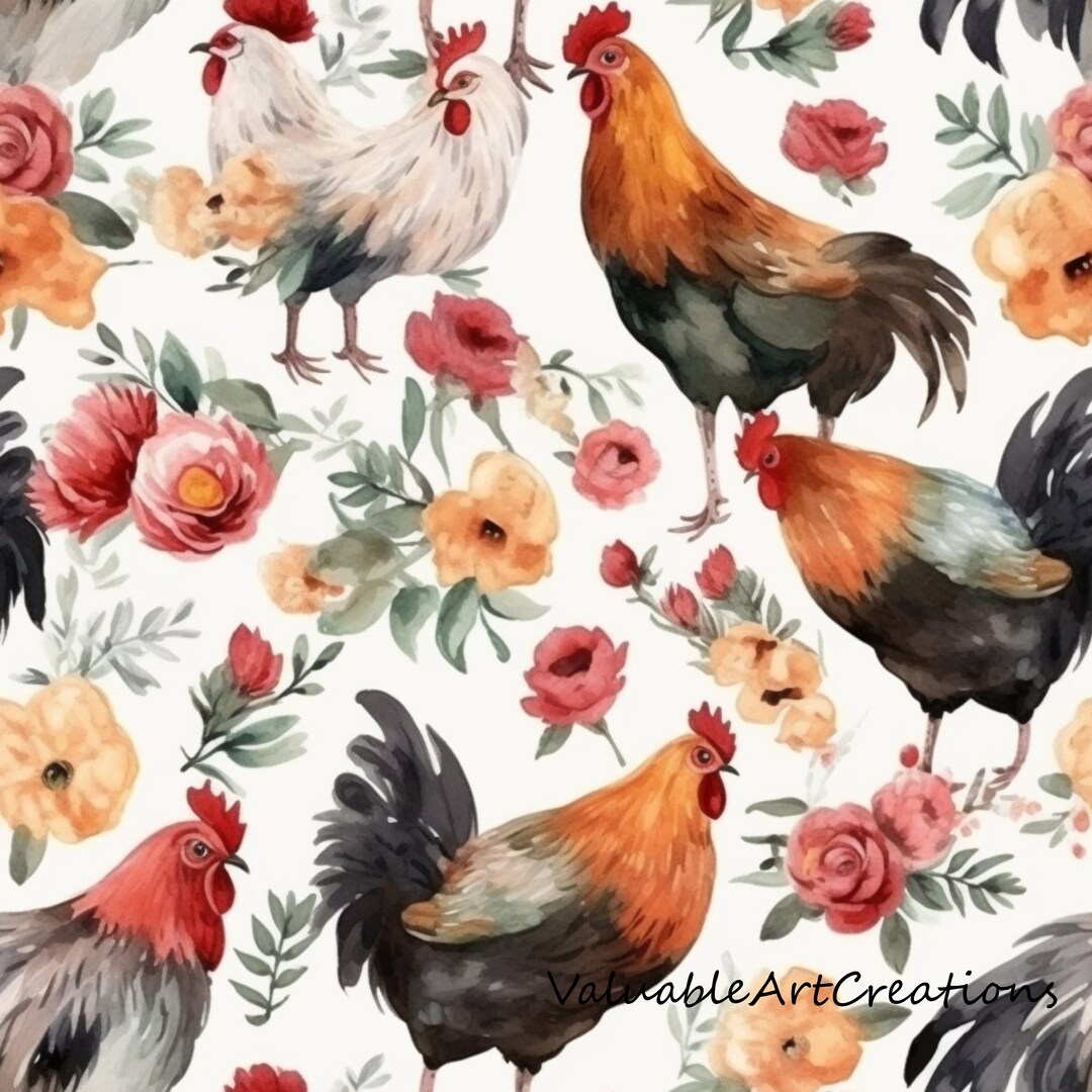 Farmhouse, Floral, Chickens, Seamless Pattern, Watercolour, Animal ...