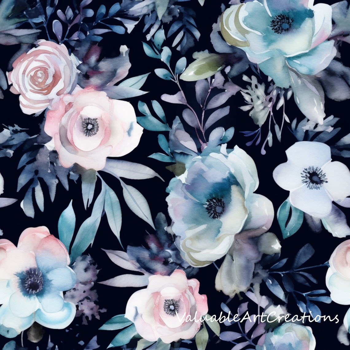 Charlotte Watercolour Floral Seamless Pattern Navy Blue - Etsy