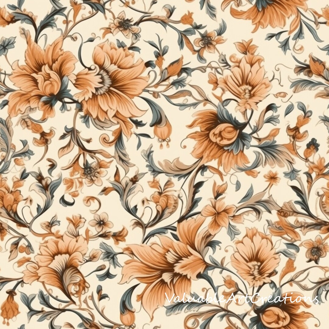Cream Vintage Floral Seamless Pattern Rust and Royal - Etsy