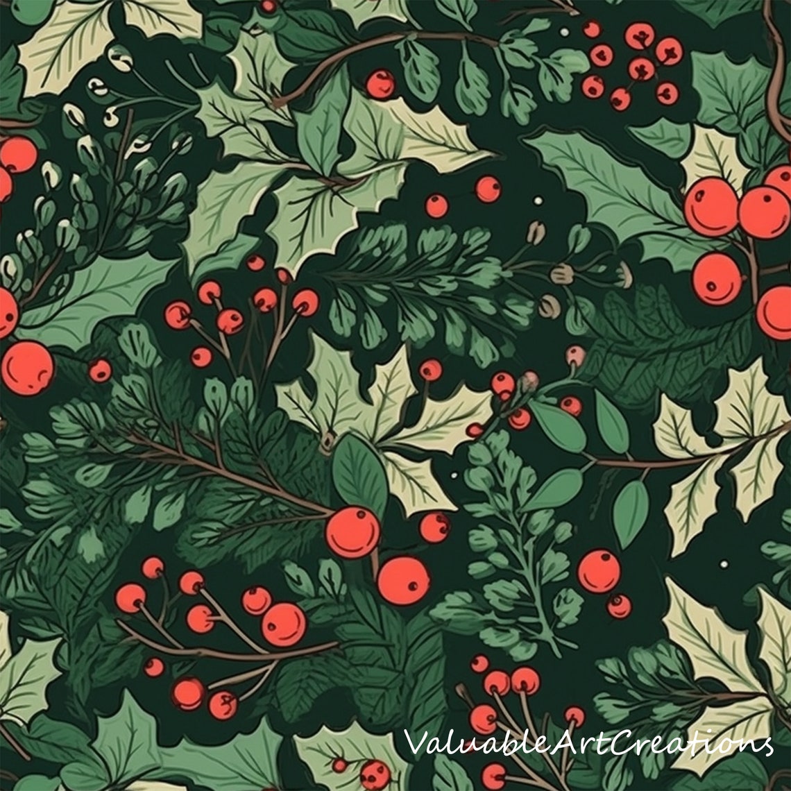 Vintage Christmas Holly Springs and Berries Seamless Pattern - Etsy