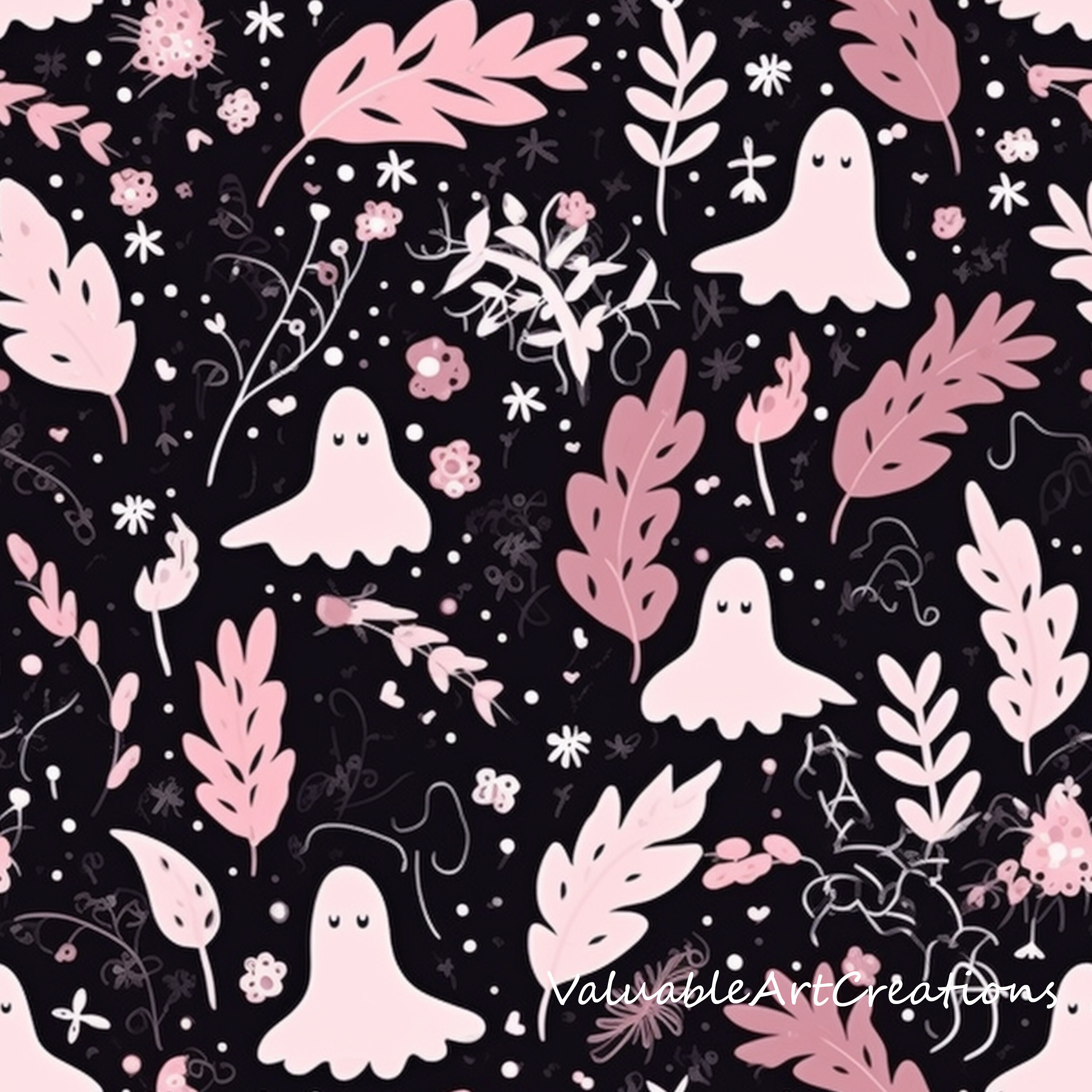 Pink and Black Floral, Ghosts, Seamless Pattern, Cute, Digital Pattern ...