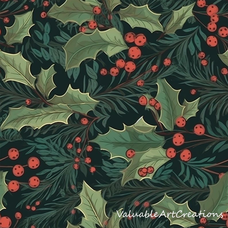 Vintage Christmas Holly Springs and Berries Seamless Pattern, Holly and ...