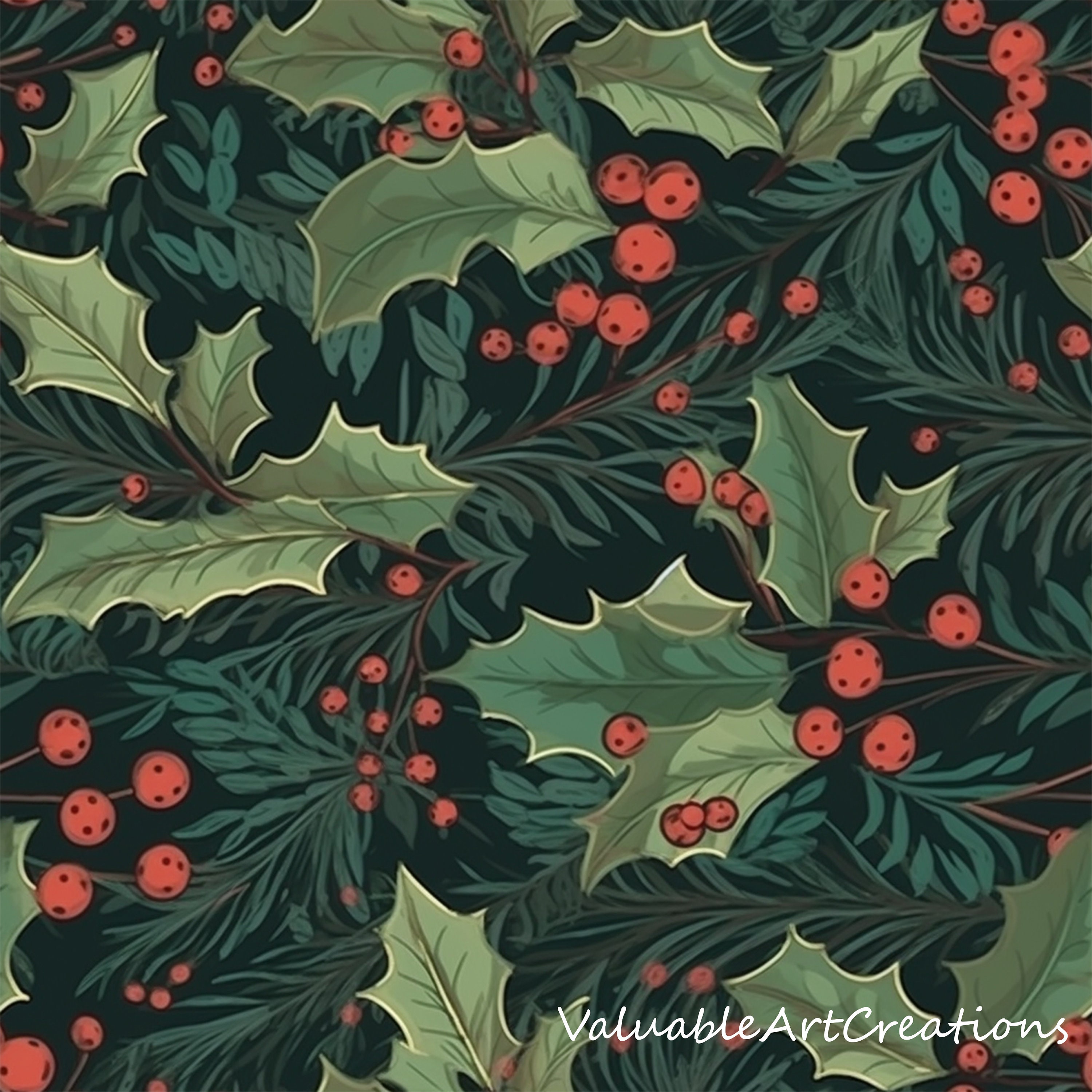 Vintage Christmas Holly Springs and Berries Seamless Pattern, Holly and ...