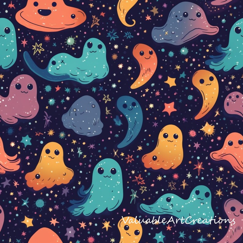 Colorful Sparkle, Ghosts, Seamless Pattern, Cute, Spooky, Halloween ...