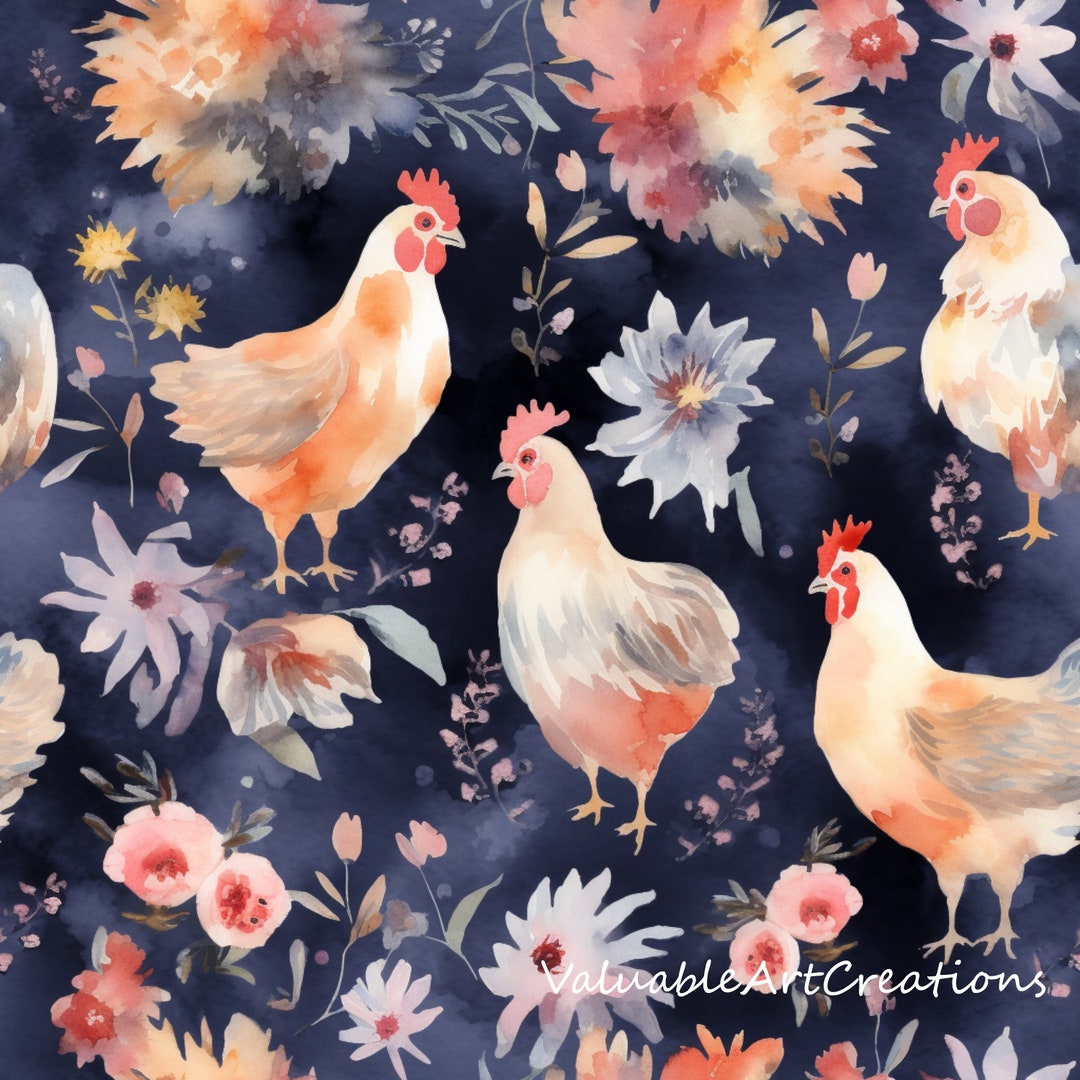 Navy Blue Floral, Chickens, Seamless Pattern, Watercolour, - Etsy