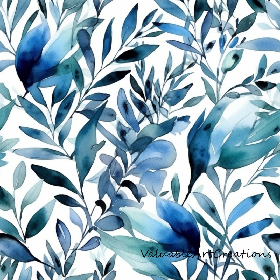 Blue_watercolor_botanical_seamless_pattern_avaleigh - Etsy