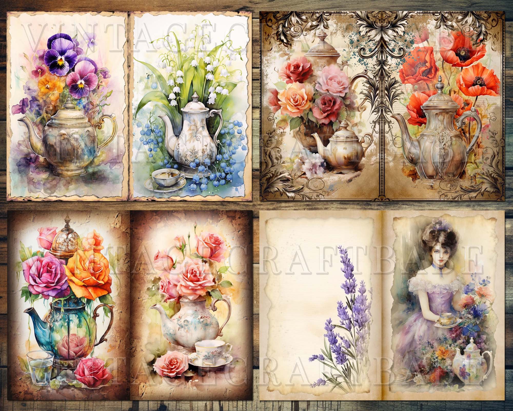 18 Page Flower Teapots Junk Journal Pages, Digital Download, Scrap Book ...
