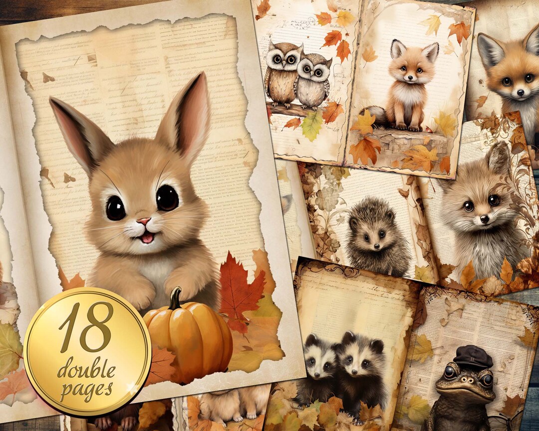 18 Cute Fall Critters Antique Junk Journal Pages, Digital Download ...