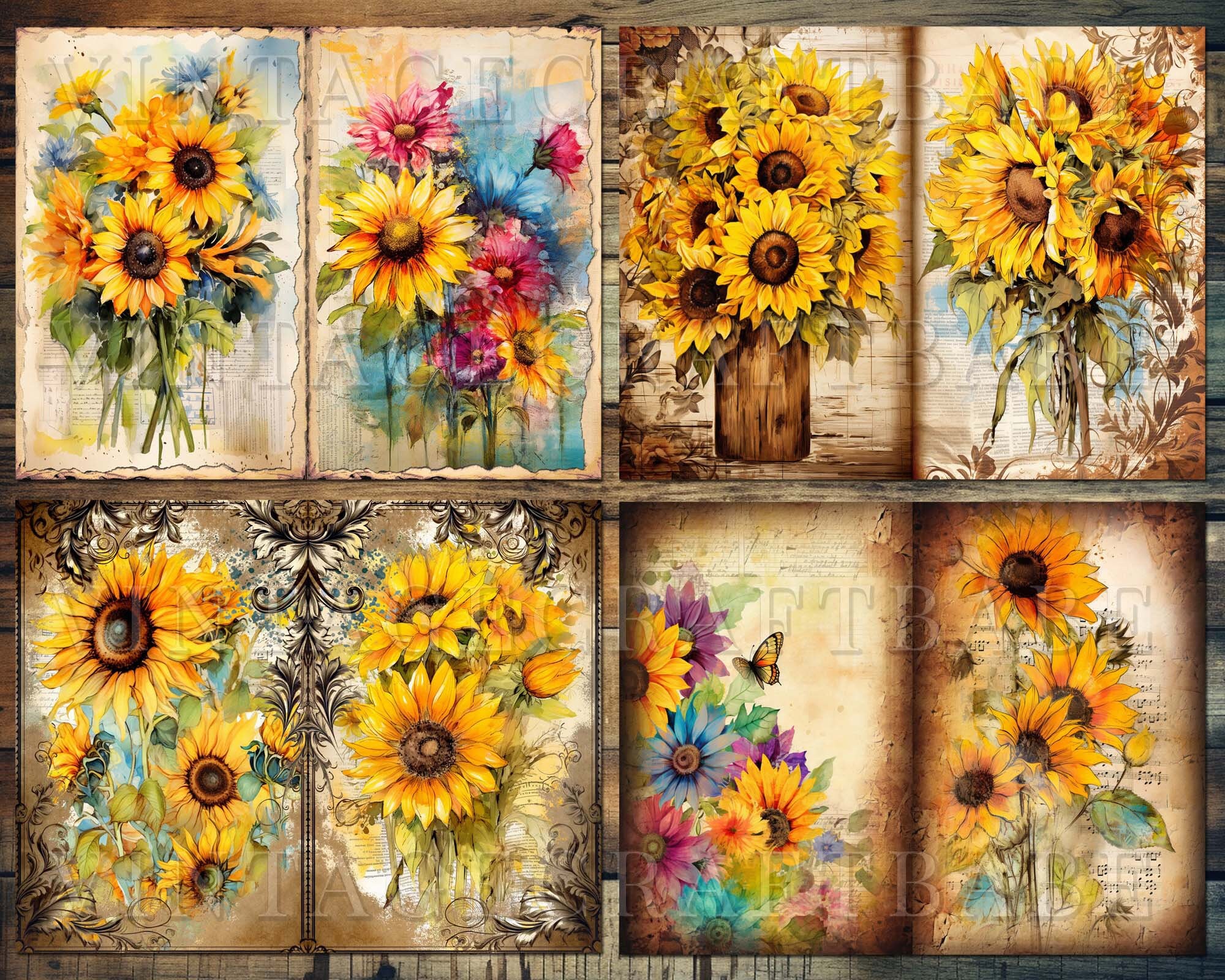 18 Sunflowers Junk Journal Pages, Digital Download, Scrap Book ...