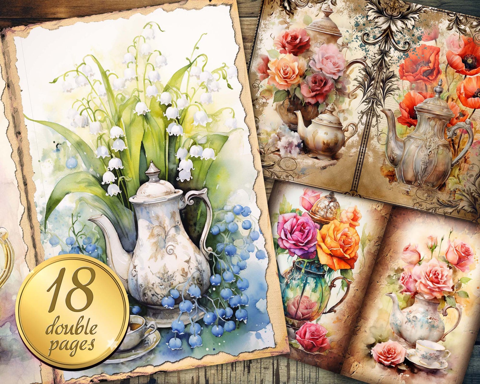 18 Page Flower Teapots Junk Journal Pages, Digital Download, Scrap Book ...