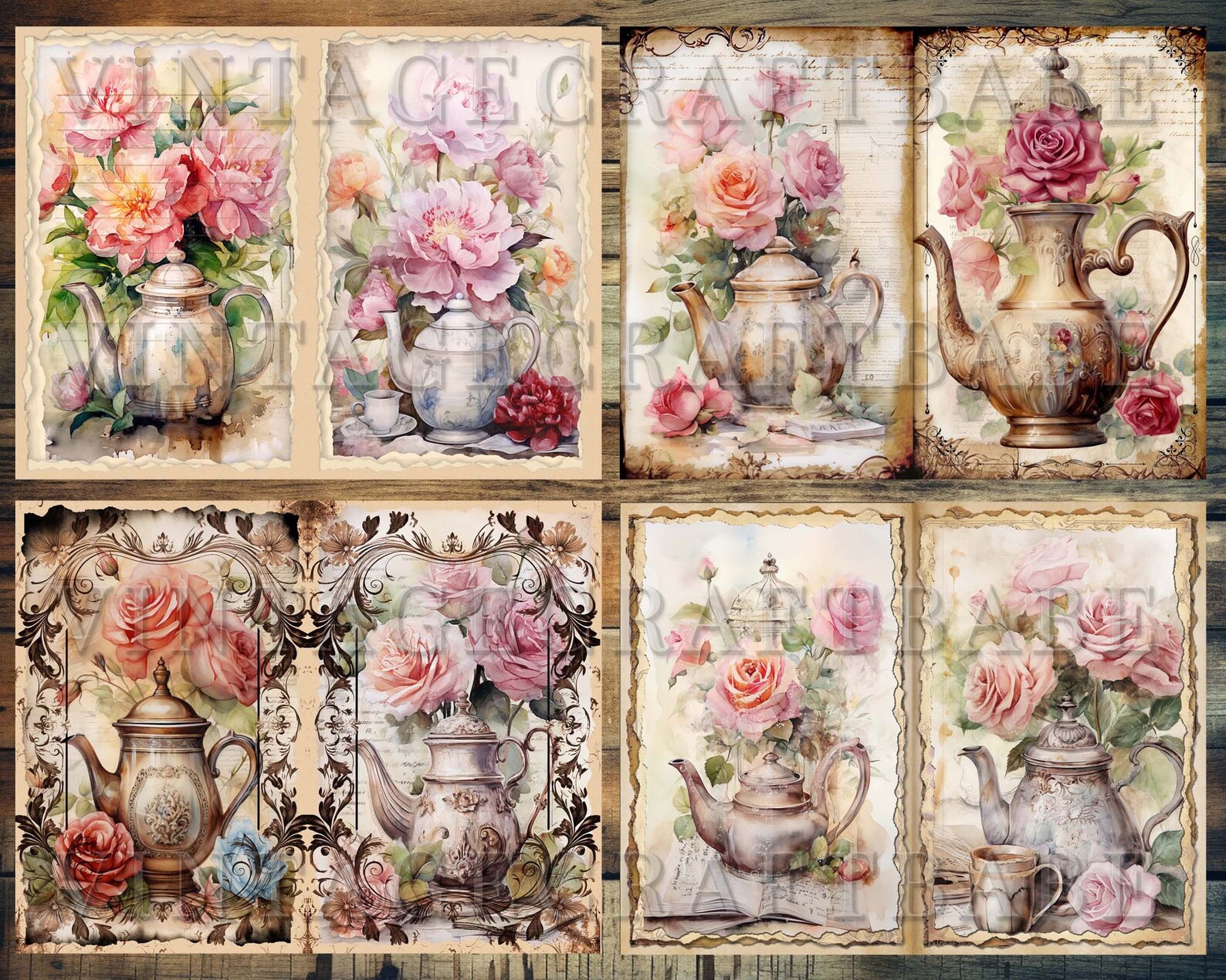 18 Page Flower Teapots Junk Journal Pages, Digital Download, Scrap Book ...