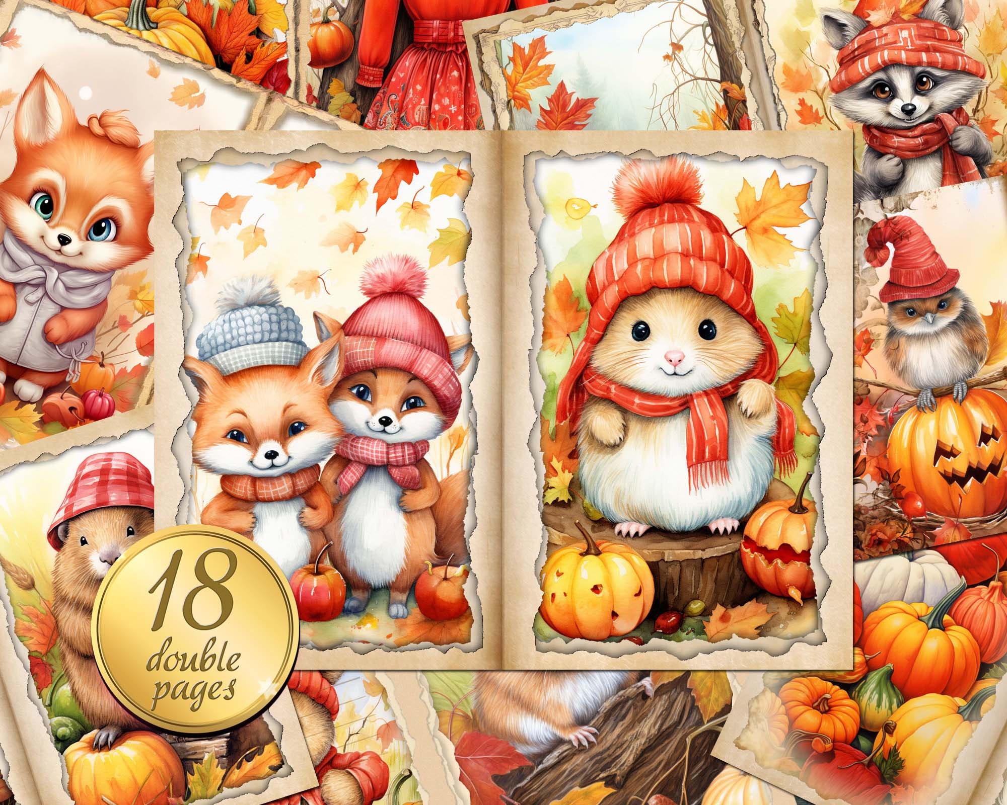 18 Cozy Autumn Critters Cute Watercolor Junk Journal Pages, Digital ...