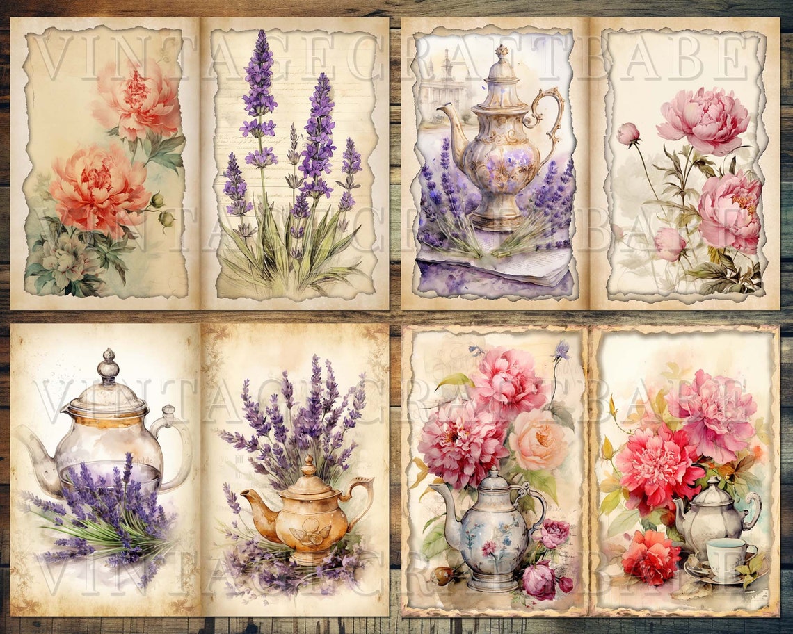 18 Page Flower Teapots Junk Journal Pages, Digital Download, Scrap Book ...