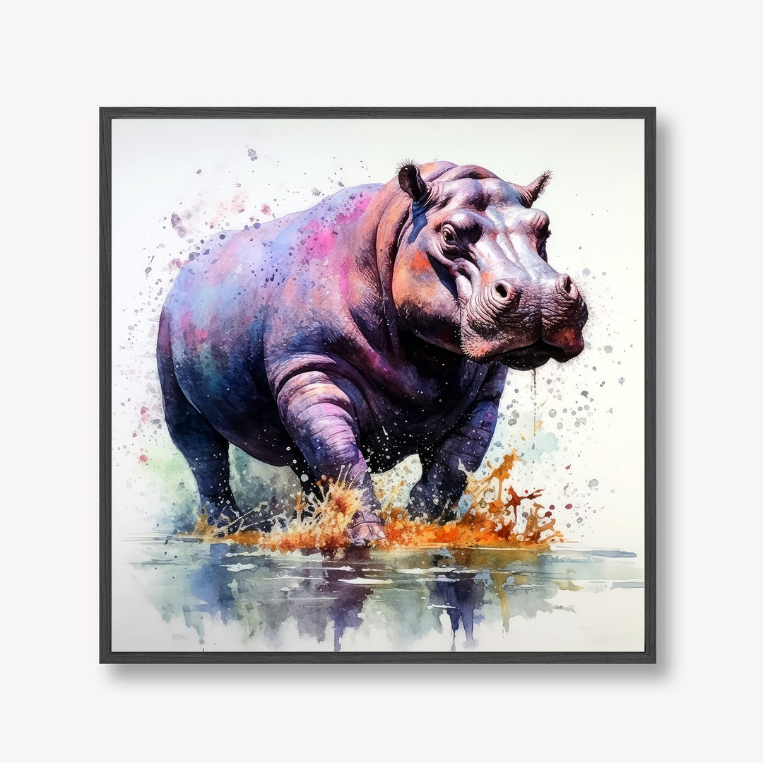 DIGITAL DOWNLOAD Hippo Printable, Watercolour Painting Effect Artwork ...