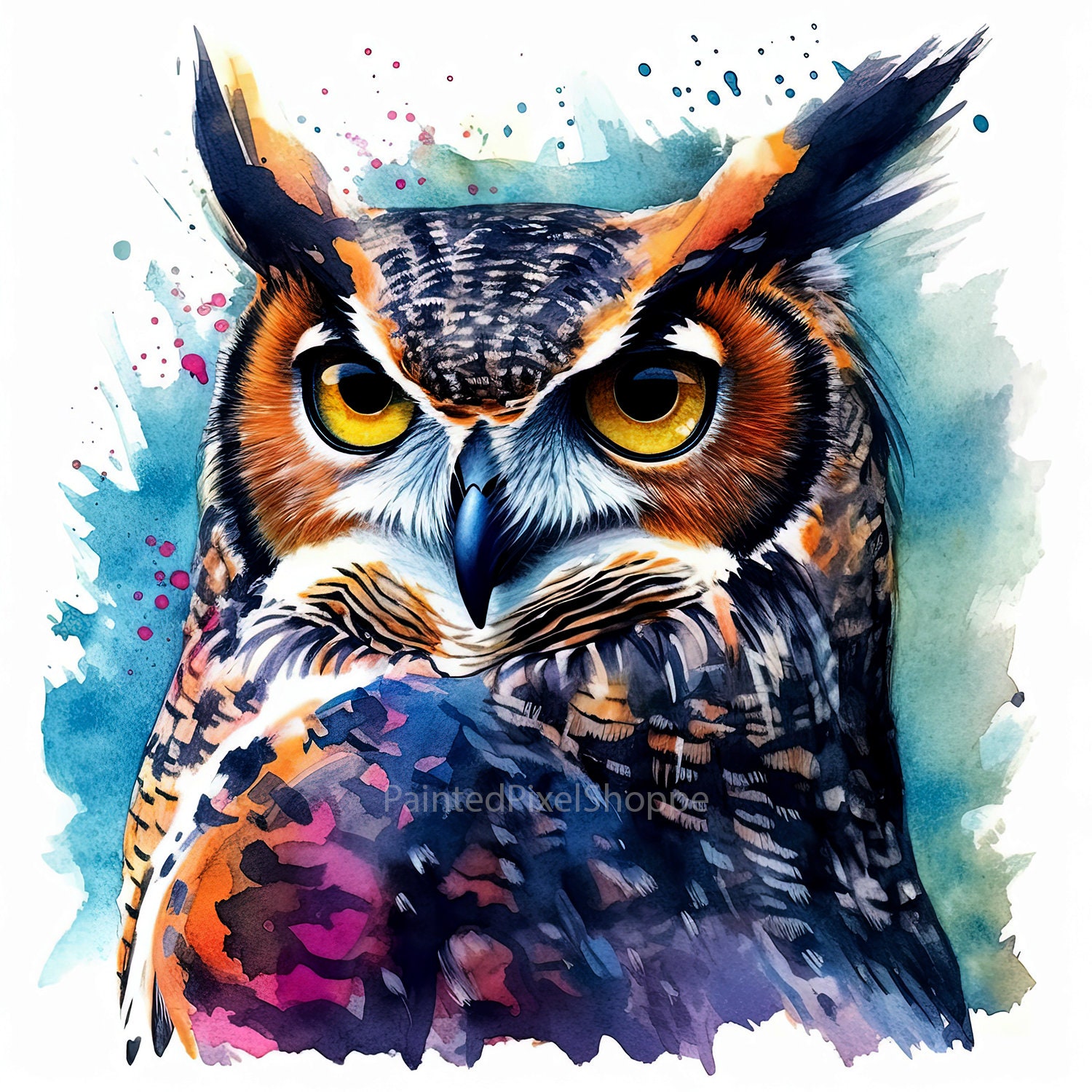 DIGITAL DOWNLOAD Great Horned Owl Watercolour Painting Effect Artwork ...