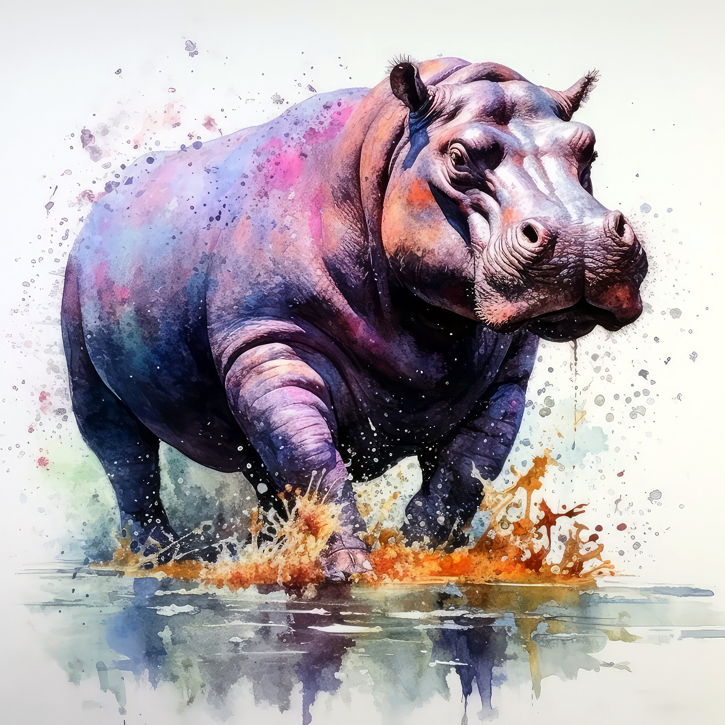 DIGITAL DOWNLOAD Hippo Printable, Watercolour Painting Effect Artwork ...